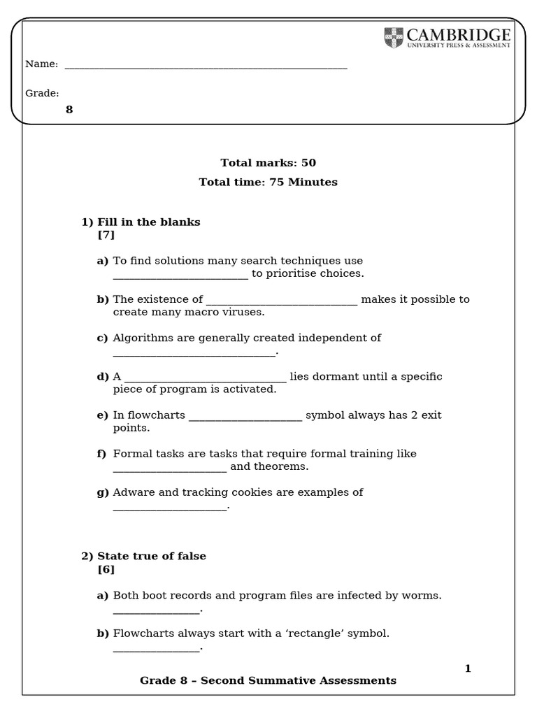 Grade 8 Computer Science Assessment | PDF | Computer Virus | Software