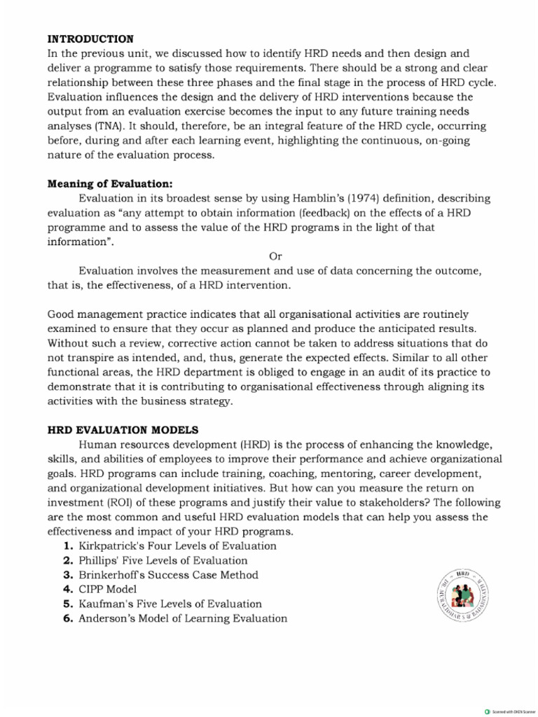 HRD Unit - 3 Evaluating The HRD Programs | PDF