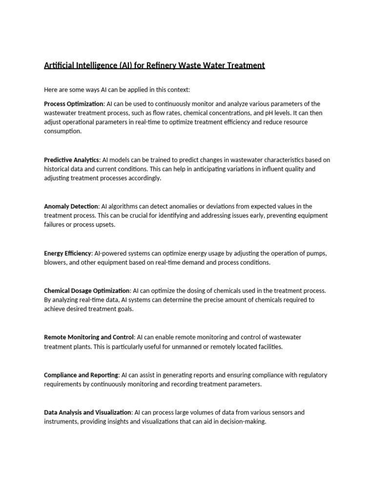 Artificial Intelligence For Refinery Waste Water Treatment Pdf