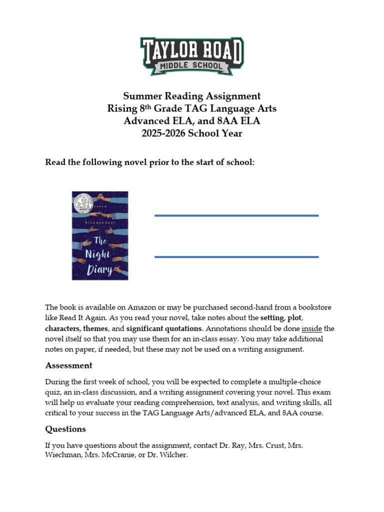 Summer Reading Assignment Rising 8 Grade TAG Language Arts Advanced ELA ...