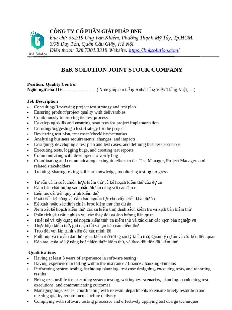 JD BnK Solution- QC | PDF