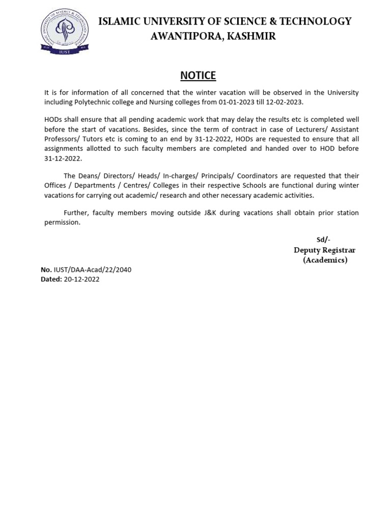 Notice: Islamic University of Science & Technology Awantipora, Kashmir ...