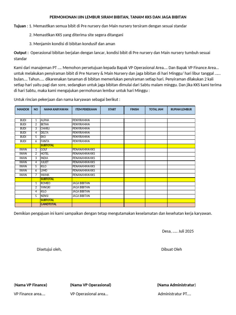 Permohonan Ijin Lembur Hari Libur Di Bibitan | PDF