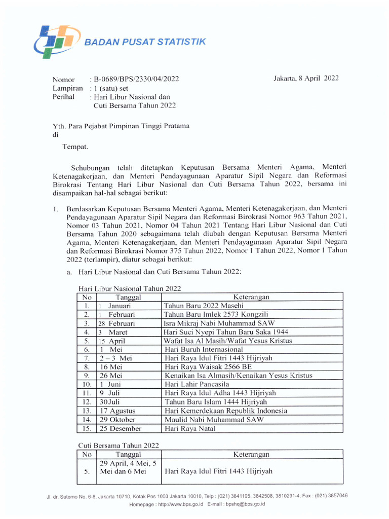 Cuti Bersama 2022 BPS | PDF