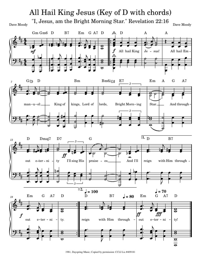 All Hail King Jesus Key of D With Chords | PDF