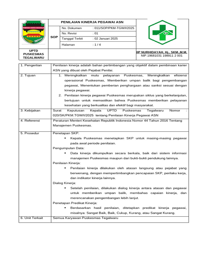 SOP Penilaian Kinerja Pegawai Puskesmas | PDF