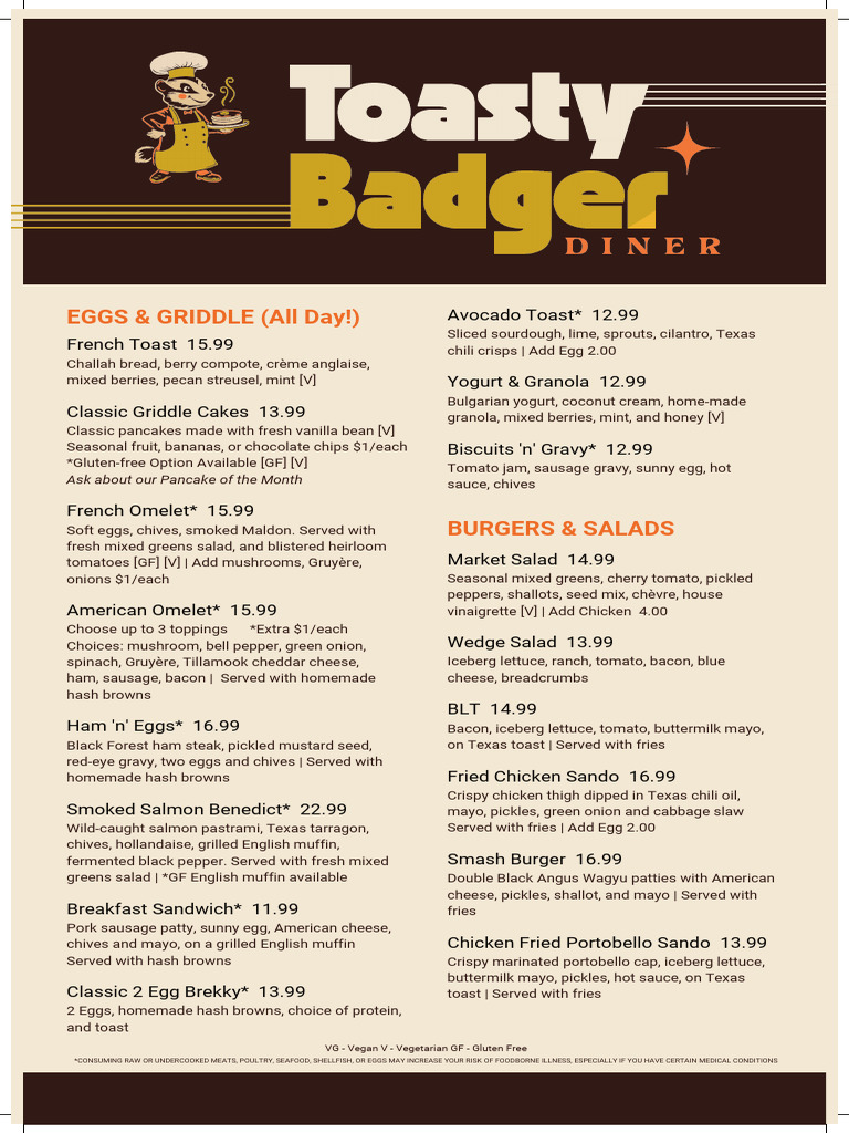 The Toasty Badger Menu Highlights | PDF | Hamburgers | Pancake