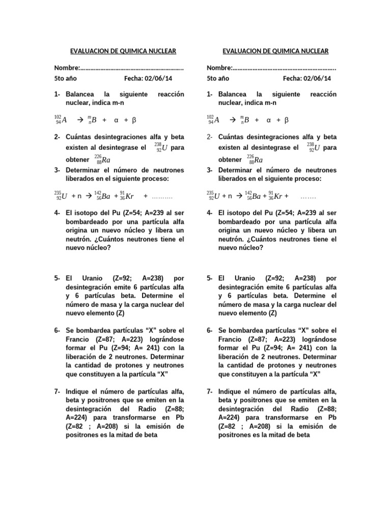 Evaluacion de Quimica Nuclear | PDF | Física nuclear | Neutrón