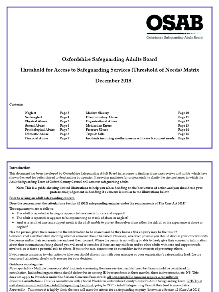 OSAB Threshold of Needs Matrix | PDF | Violence | Consent