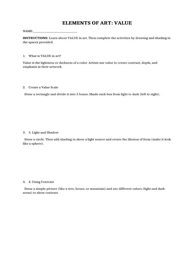 Elements of Art Value Worksheet Long Bond | PDF