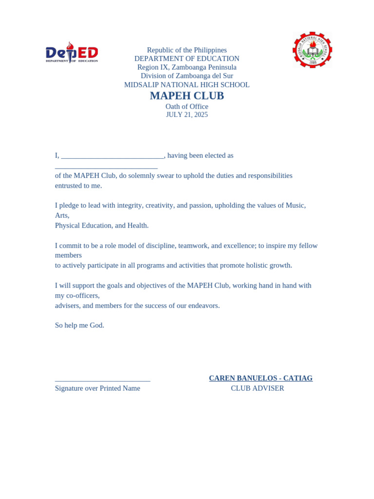 MAPEH Club Oath of Office | PDF
