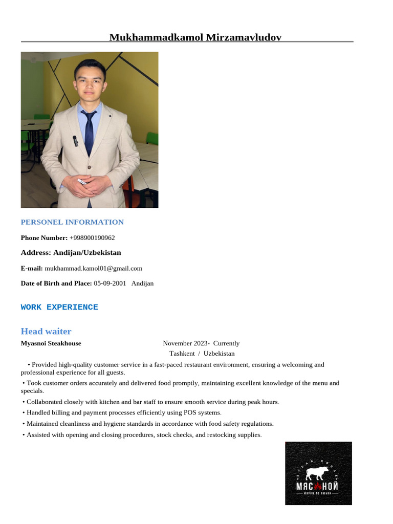 Head Waiter with Fine Dining Experience | PDF | Waiting Staff | Restaurants