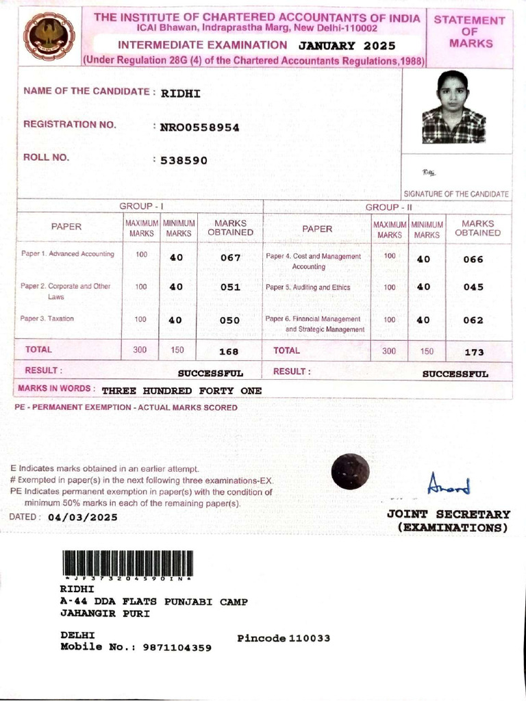 CA Intermediate Marksheet | PDF
