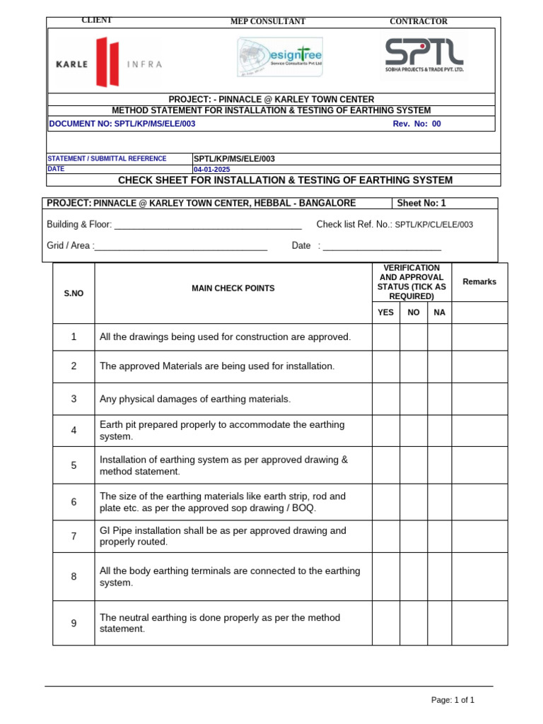 Checklist for Installation & Testing of Earthing System | PDF ...