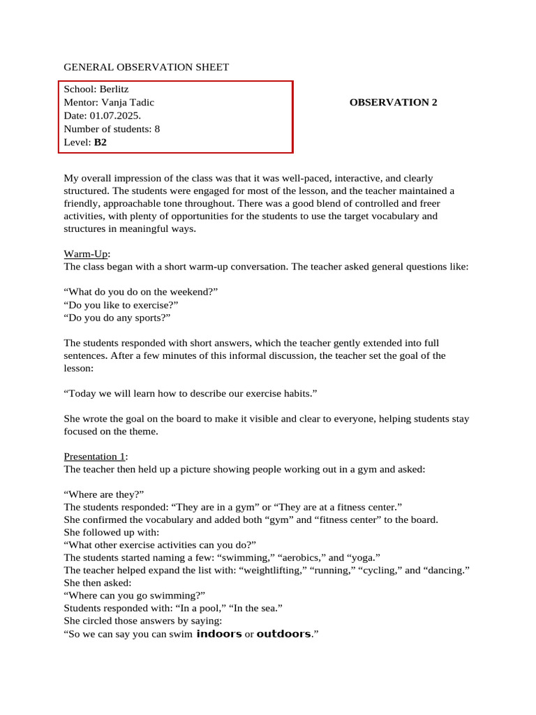 General Observation Jelena 2 | PDF | Learning | Teachers