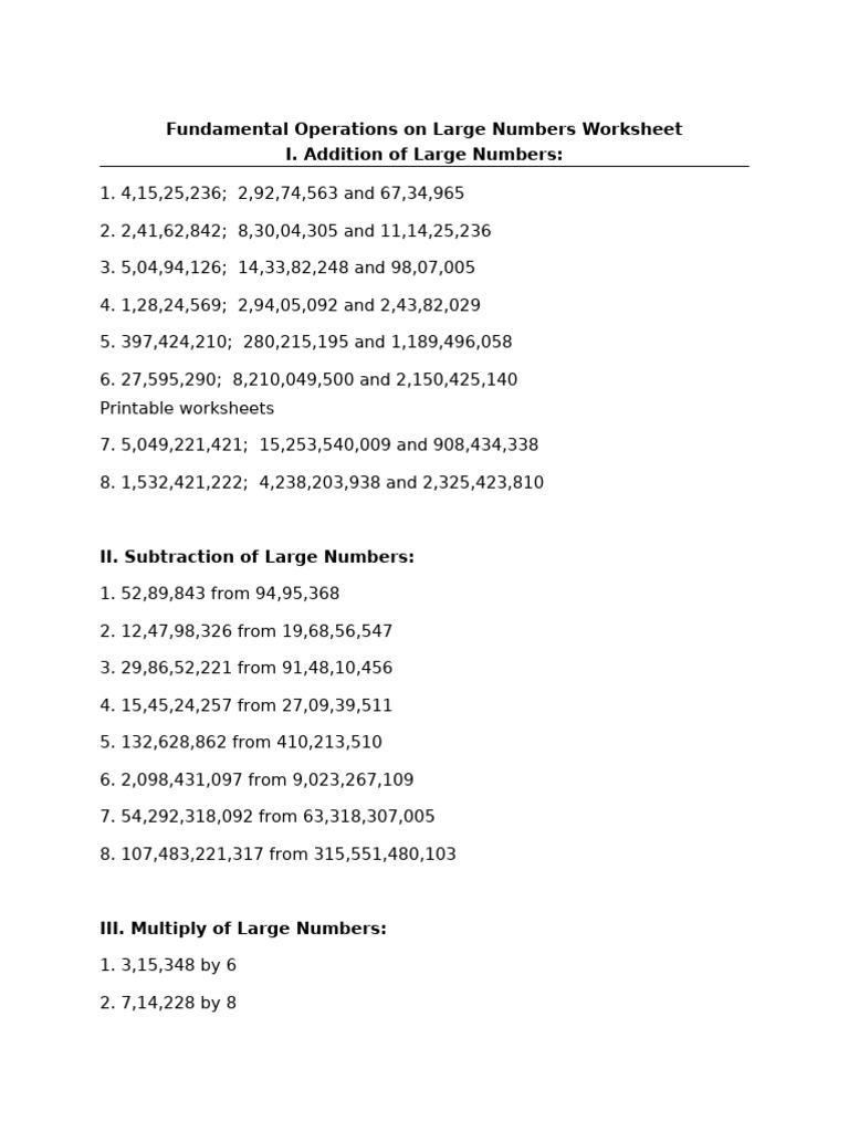 Fundamental Operations On Large Numbers Worksheet | PDF