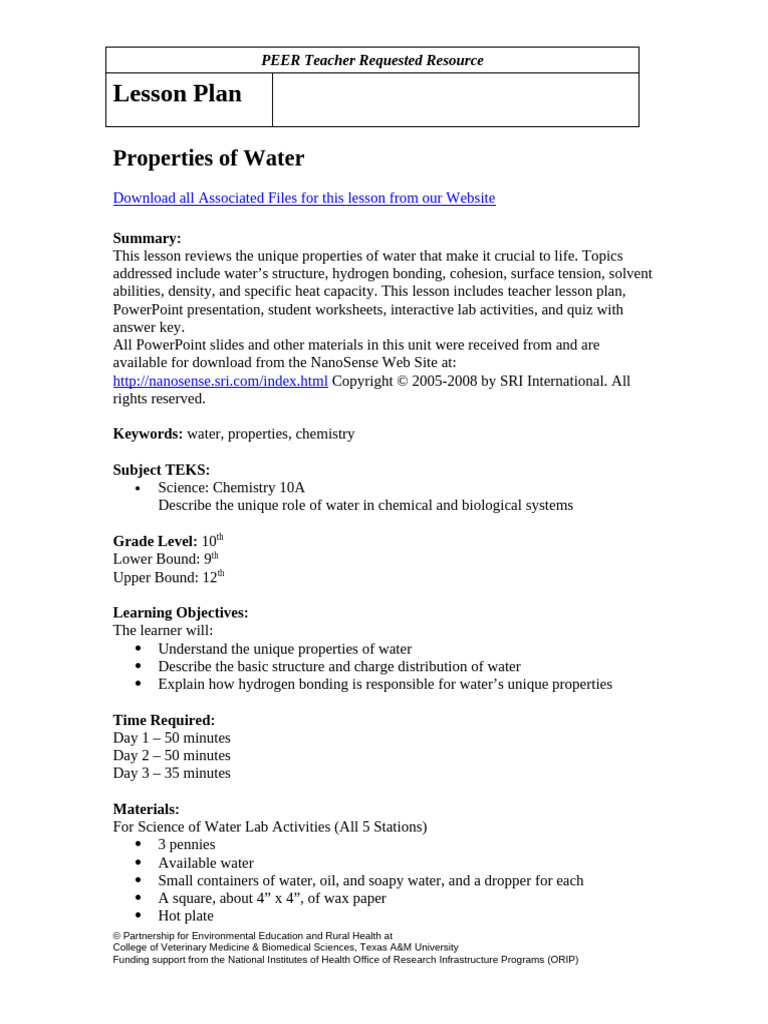 Properties of Water Lesson Plan | PDF | Molecules | Mixture