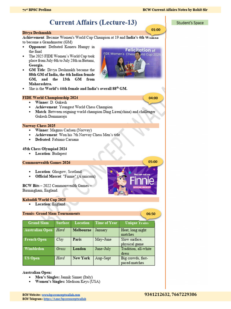 BPSC Current Affairs Highlights 2025 | PDF | Cricket | Sports