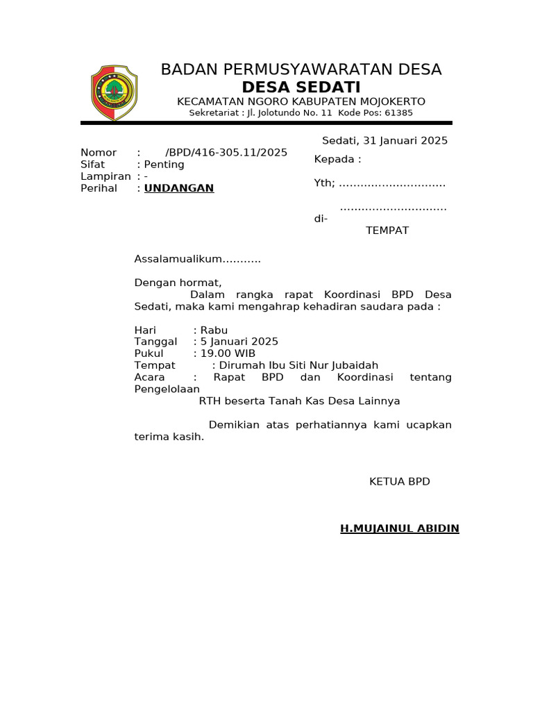 Undangan Rapat Koordinasi BPD Desa Sedati | PDF