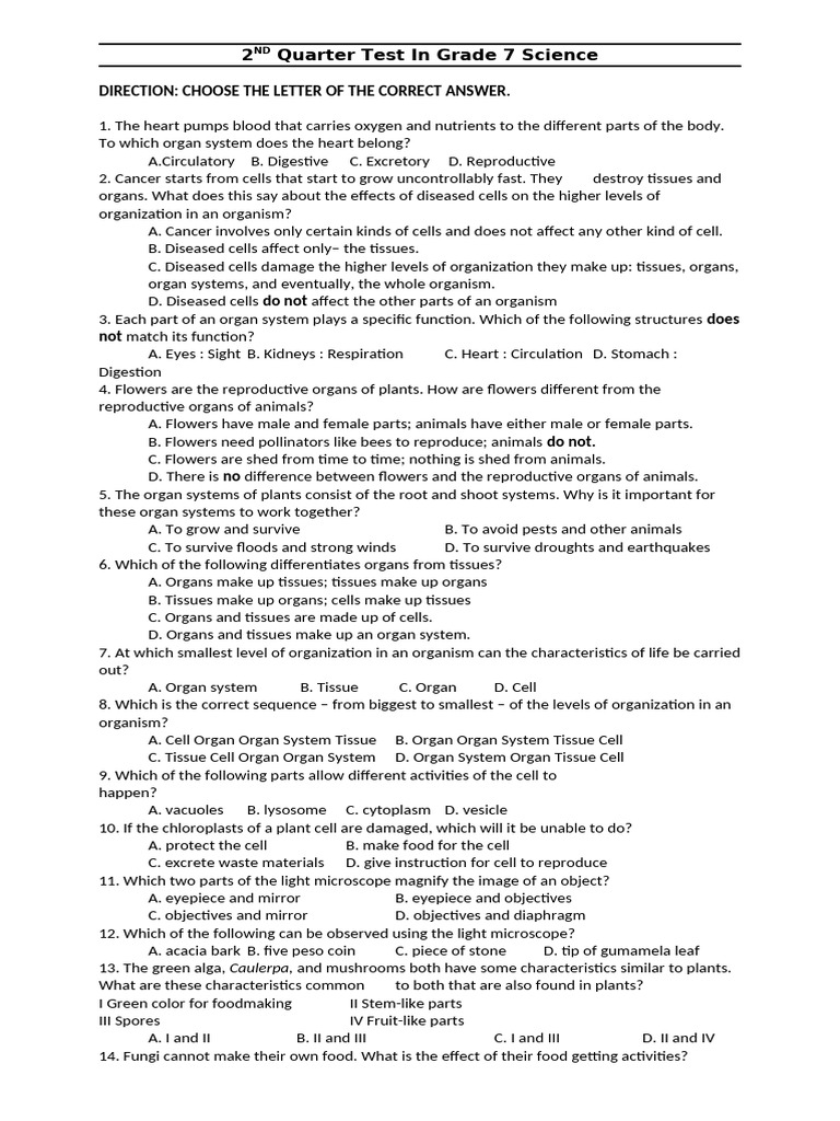 Grade 7 Exam in Science | PDF | Plants | Tissue (Biology)