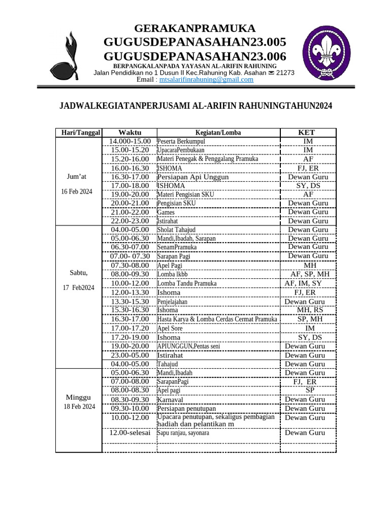 Jadwal Kegiatan Pramuka 2024 Al-Arifin | PDF