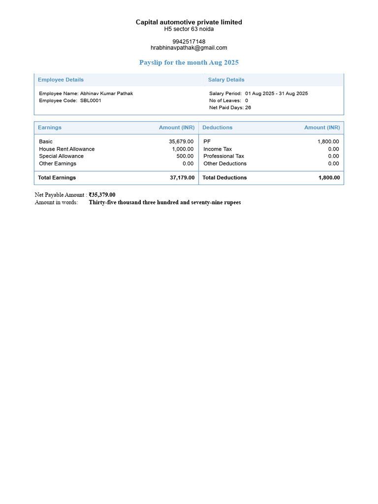 PaySlip - Abhinav Kumar Pathak | PDF