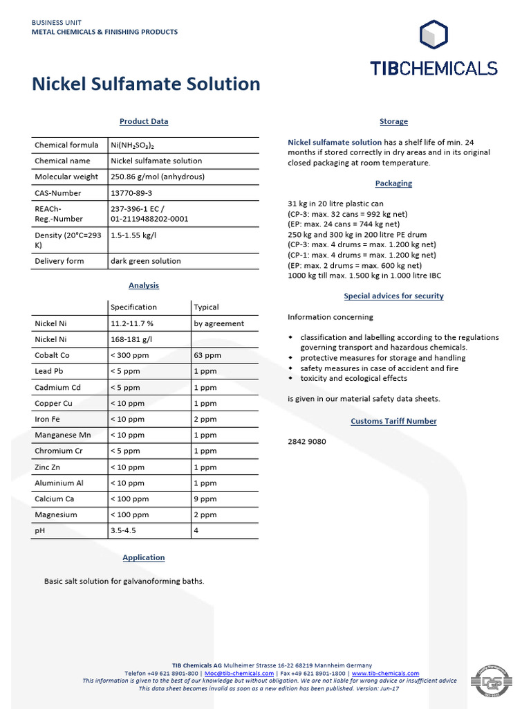 Nickel Sulfamate Solution Data Sheet | PDF | Nickel | Chemical Substances