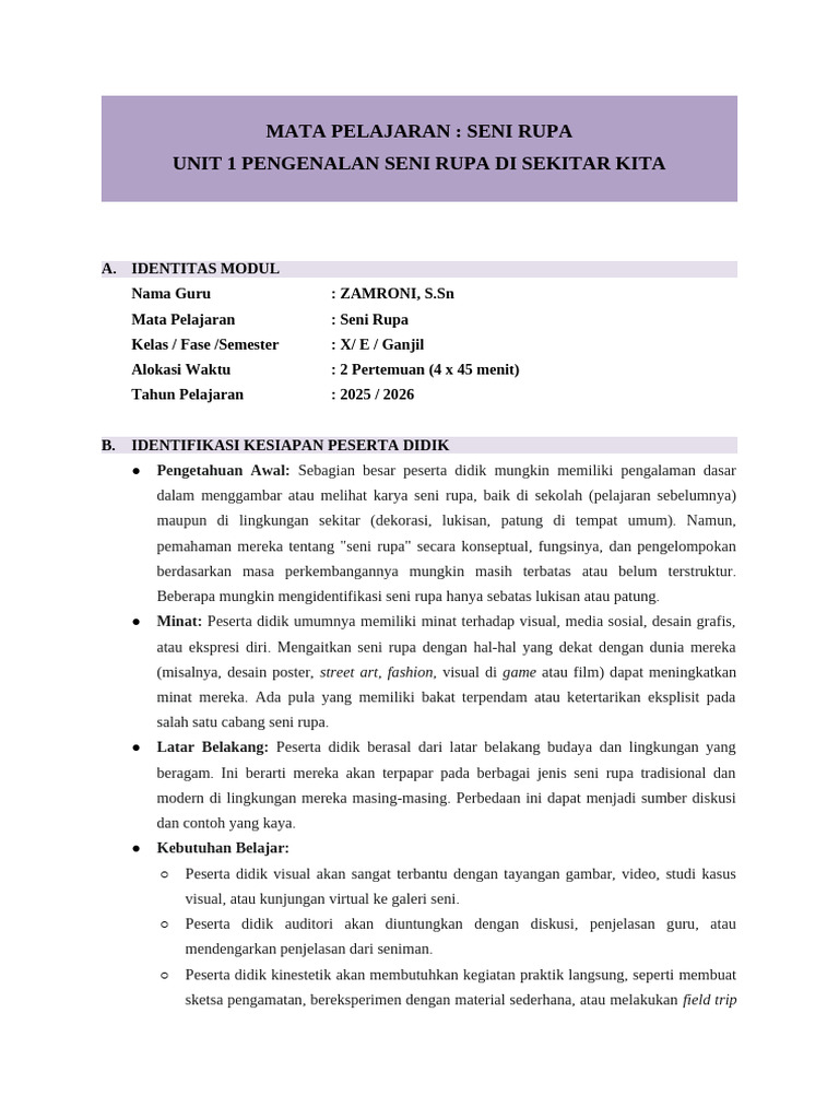 Modul Ajar SBK - Unit 1 | PDF