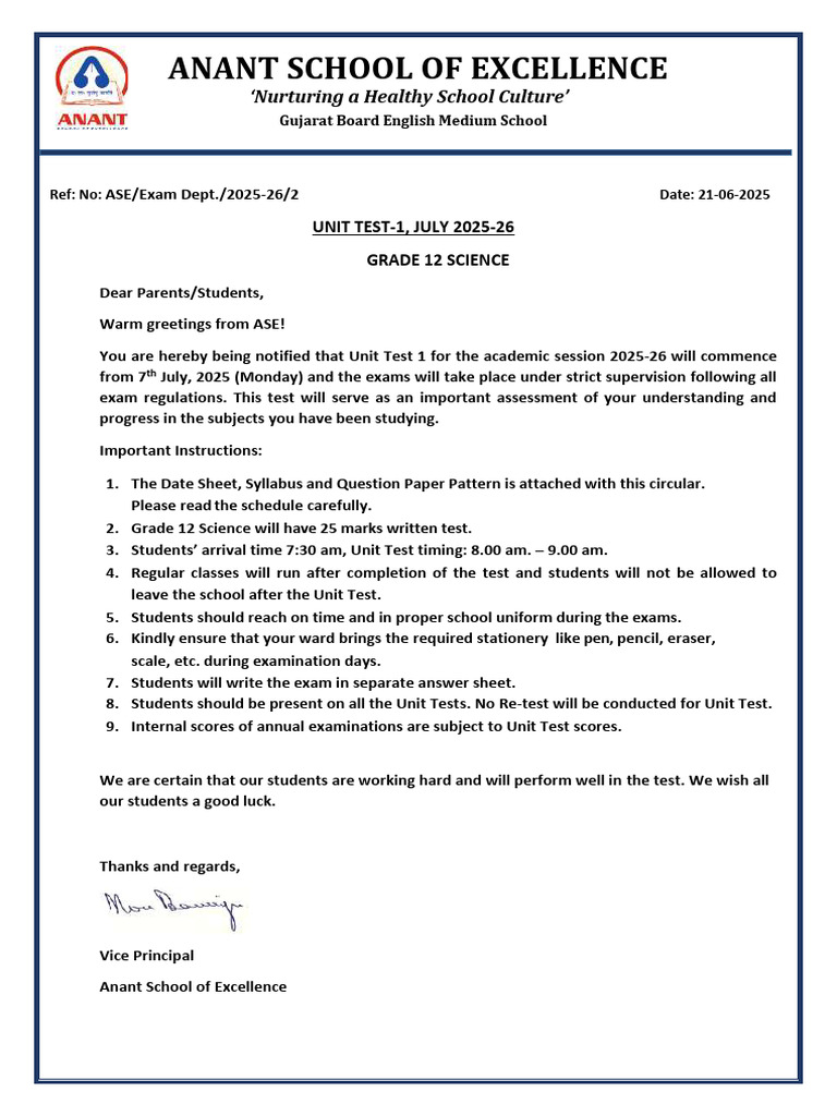 Grade 12 Science UT - 1 Date Sheet and Circular 2025-26 | PDF