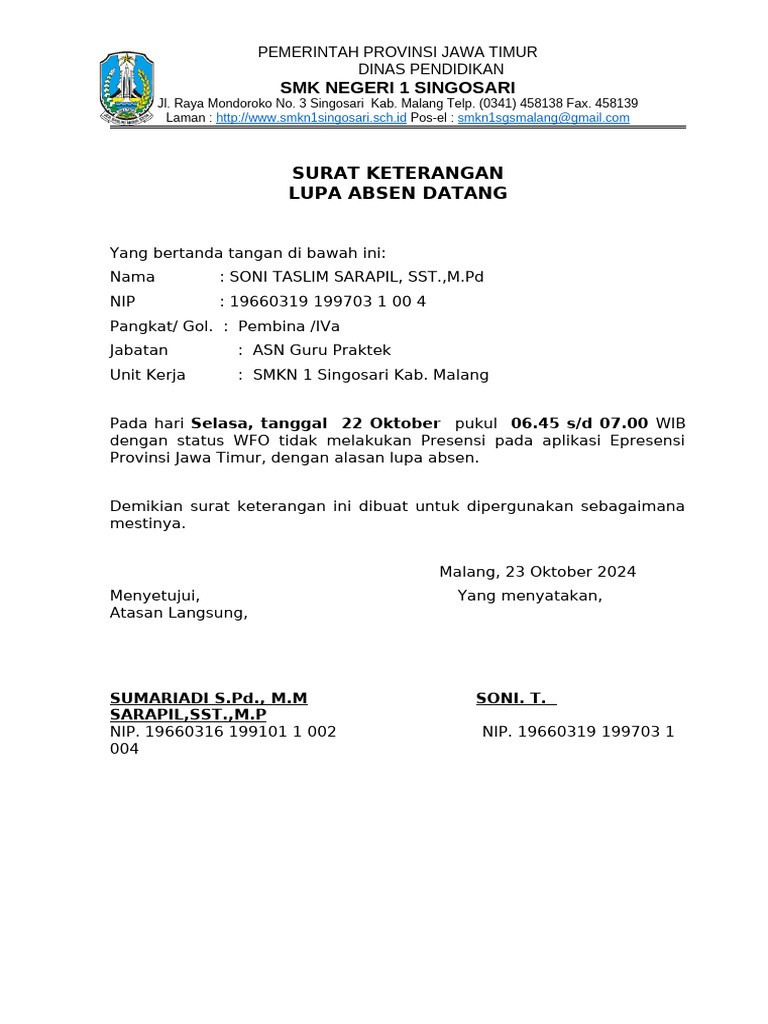 Surat Keterangan Lupa Absen WFO SMKN 1 | PDF