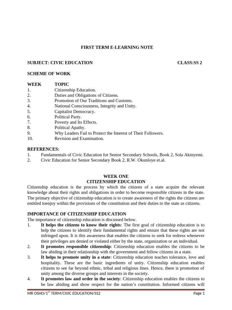 Civic Education for SS2: Citizenship Duties | PDF