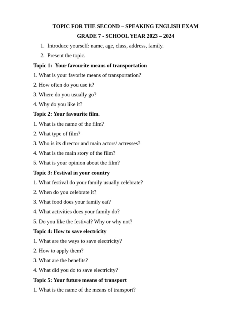 Grade 7 English Exam Topics | PDF
