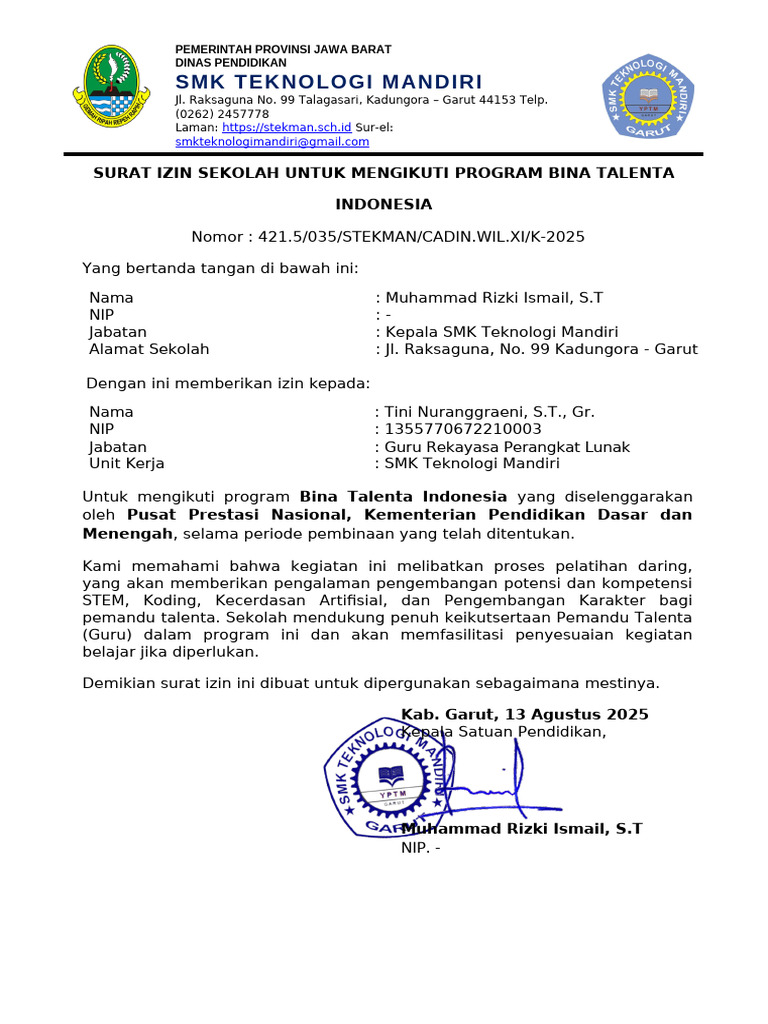 Surat Izin Program Bina Talenta 2025 | PDF