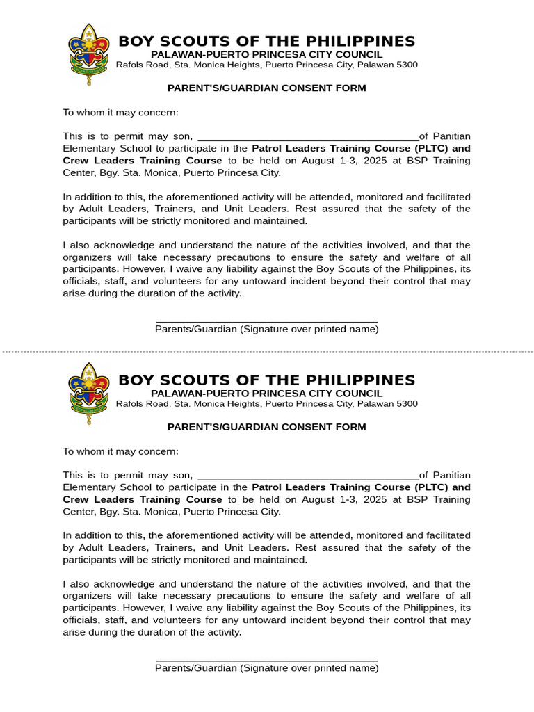 Parent Consent for Scout Training Courses | PDF | Youth Movements | Boy ...