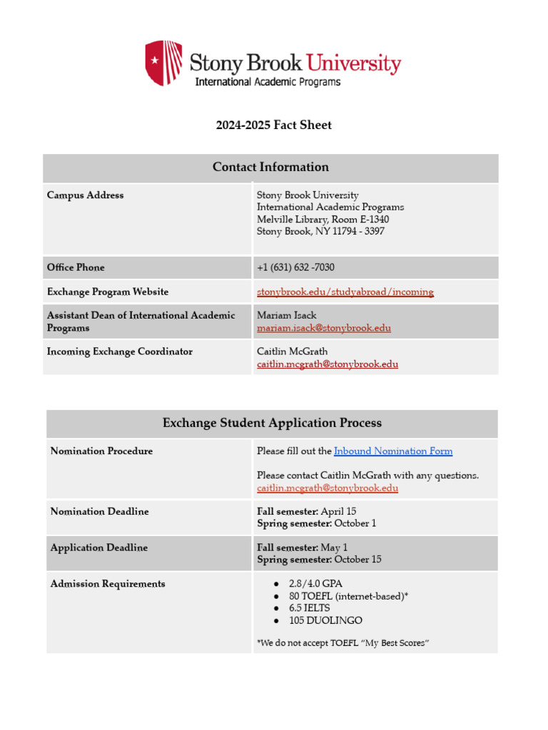 Stony Brook University 2024-2025 Incoming Exchange Fact Sheet | PDF | Tuition Payments ...