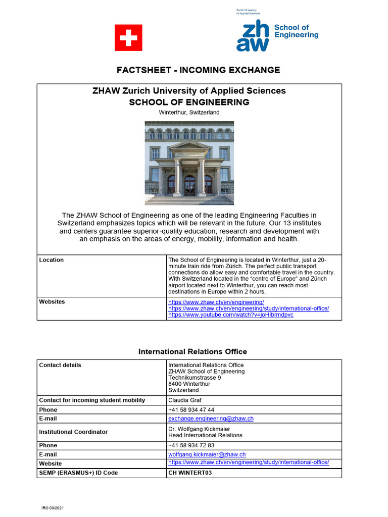 ZHAW Incoming Exchange Student Guide | PDF | Cost Of Living | Academic Term