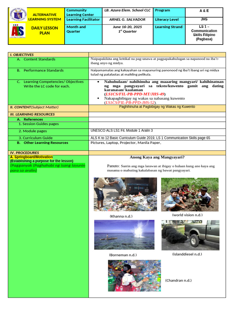 LS1 Fil. DLP-JHS (Paghihinuha at Pagbibigay NG Kuwento) | PDF