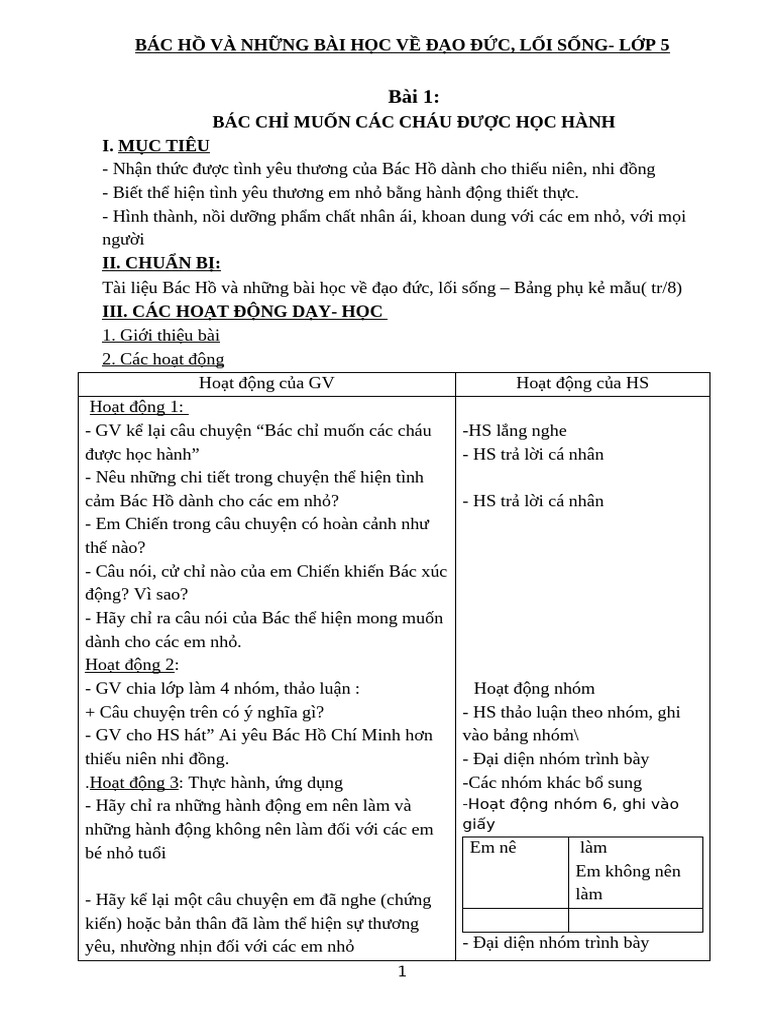 Bac Ho Va Nhung Bai Hoc Ve Dao Duc Loi Song Lop 5 Day Du 9 Bai | PDF