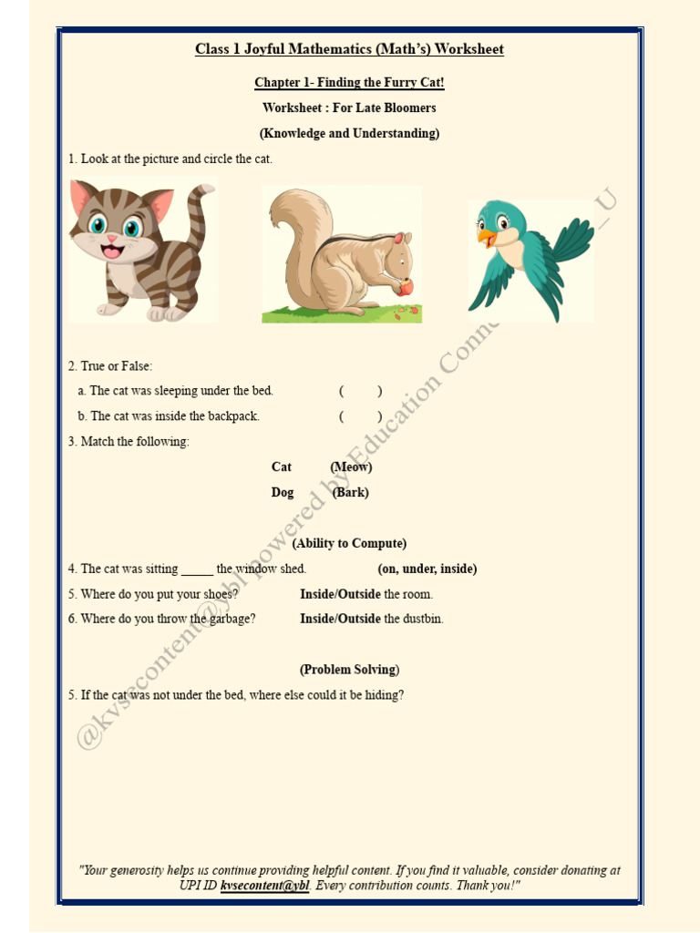 Class 1 Joyful Mathematics Chapter 1 - Finding The Furry Cat Worksheet ...