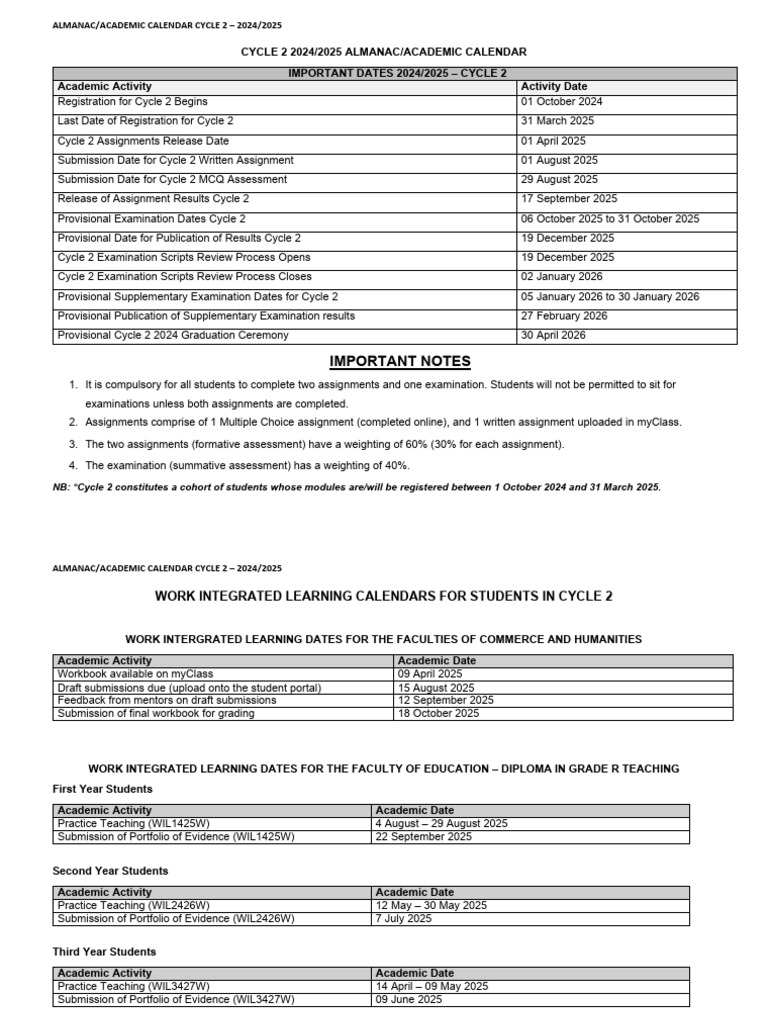 Student Academic Calendar 2024-2025 Cycle 2-1 | PDF | Educational Stages