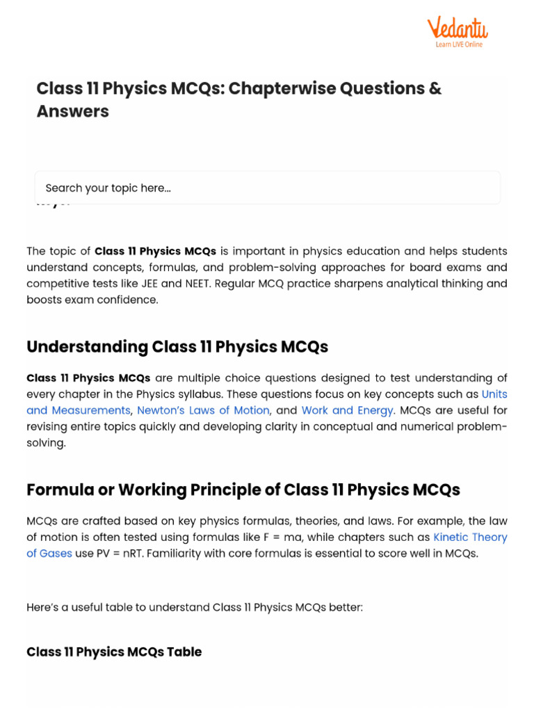 Class 11 Physics MCQs - Chapterwise Questions & Answers | PDF
