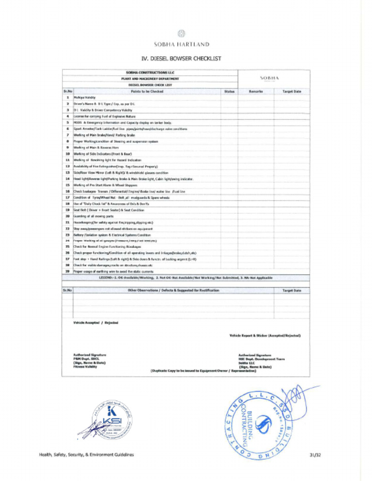 Acknowledgement of Diesel Bowser Checklist | PDF