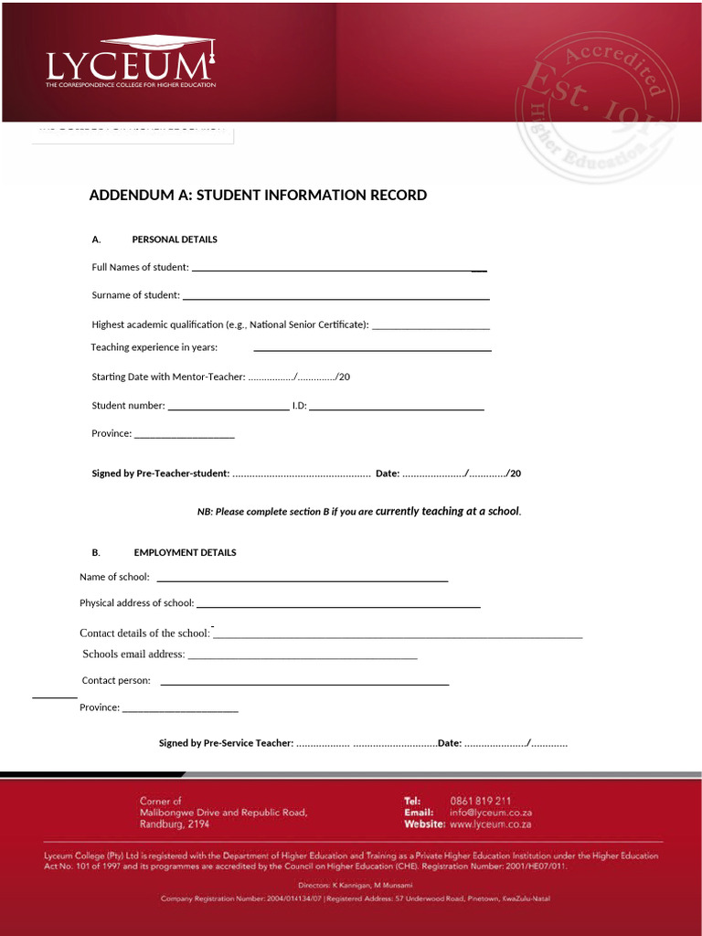 Student Information Record Template | PDF