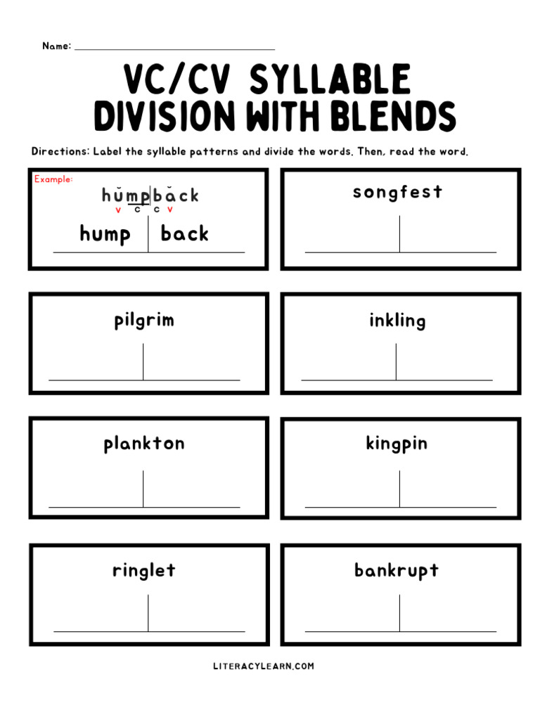 VCCV Syllable Division Break the Syllable Worksheet | PDF