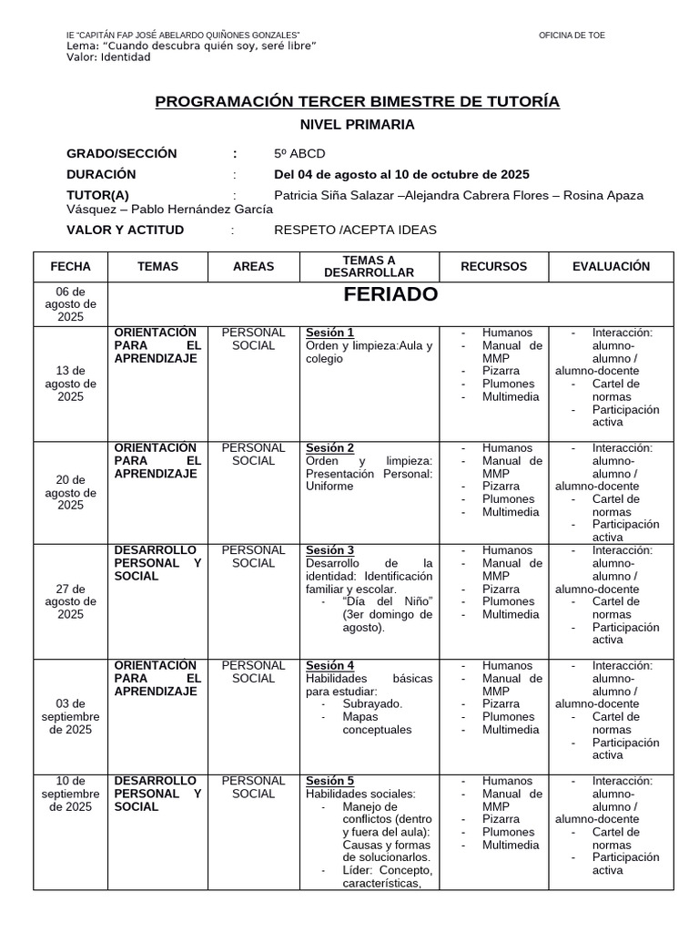 5° GRADO - UNIDAD TUTORIA III° BIMESTRE - 2025 | PDF | Salón de clases | Aprendizaje