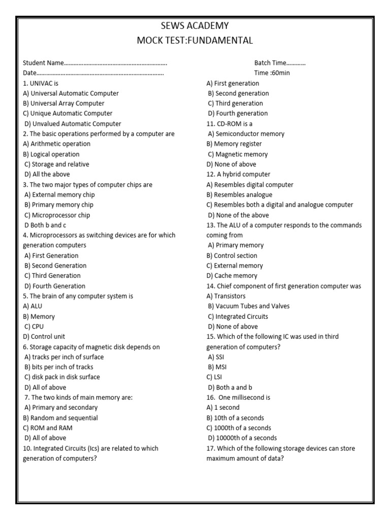 Fundamental Computer Mock Test | PDF | Read Only Memory | Random Access ...