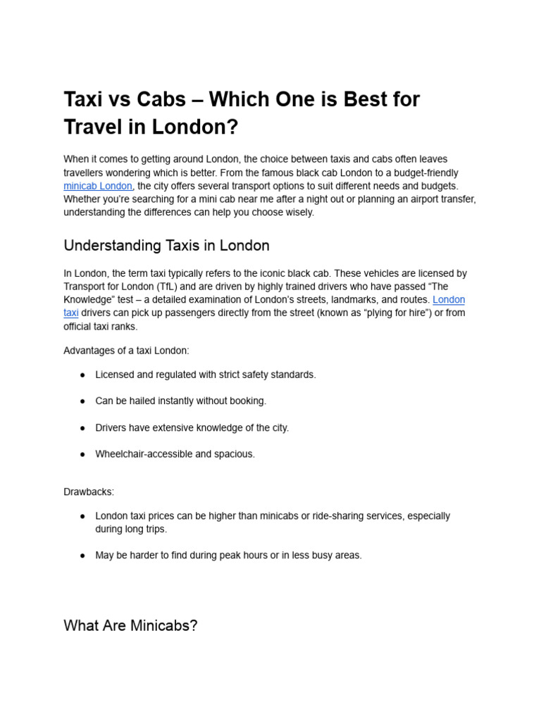 Taxi Vs Cabs - Which One Is Best For Travel in London | PDF | Transport ...