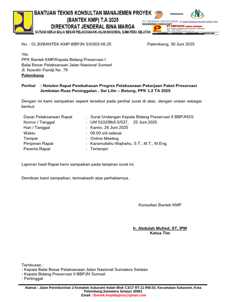 003-Notulen Rapat Pembahasan Progres Pelaksanaan Pekerjaan Paket Preservasi Jembatan Ruas ...