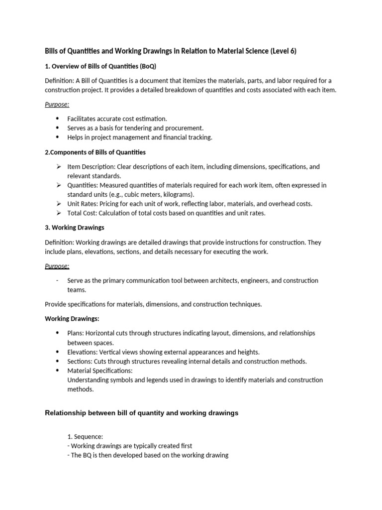 Bills of Quantities & Working Drawings Explained | PDF | Specification ...