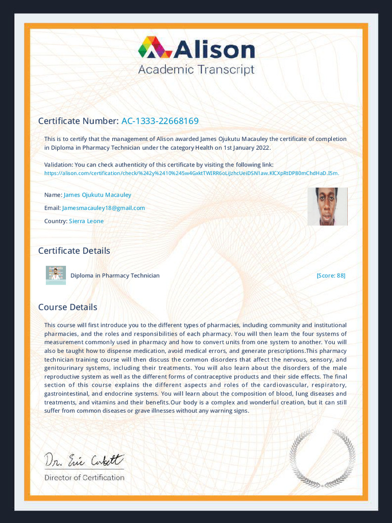Alison Transcript 1333 22668169 | PDF | Pharmacy | Pharmacology